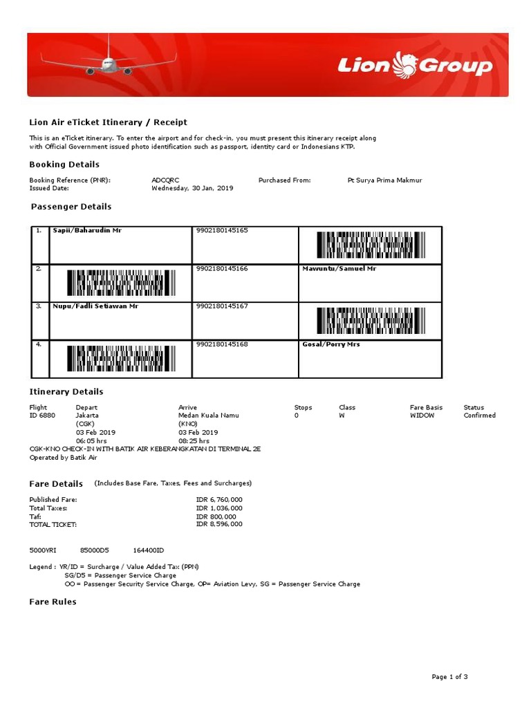 Lion Air ETicket Itinerary | PDF | Airlines | Aviation