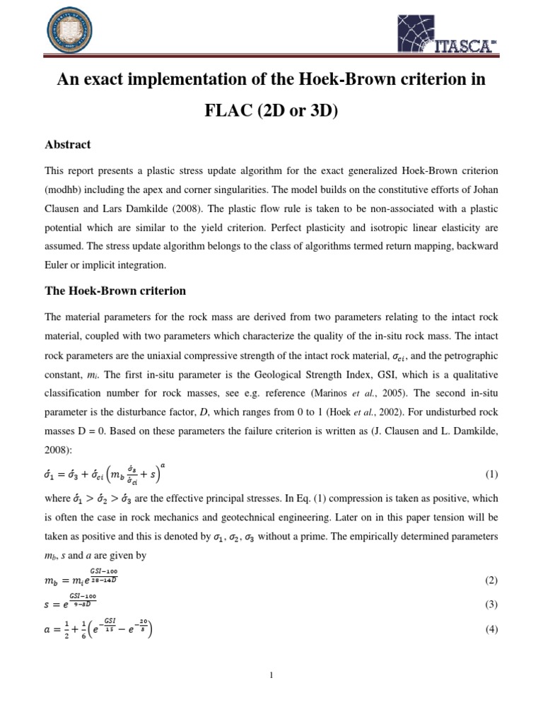 An Exact Implementation of The Hoek Brown Criterion in FLAC 2D or 3D | PDF | Plasticity (Physics ...