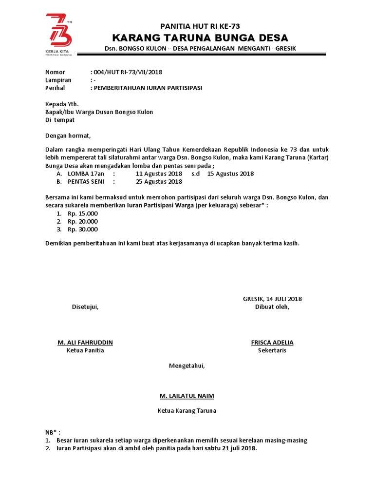 Surat Pemberitahuan Iuran Warga | PDF