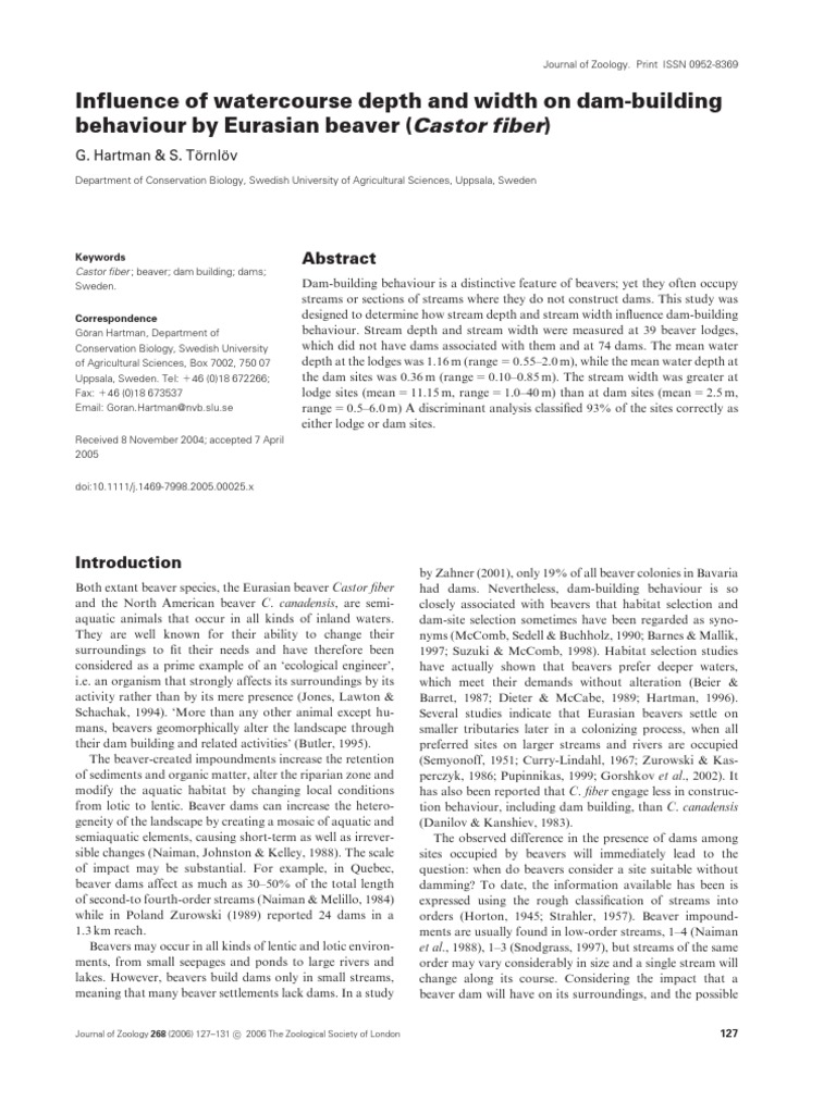 Influence of Watercourse Depth and Width On Dam-Building Behaviour by ...