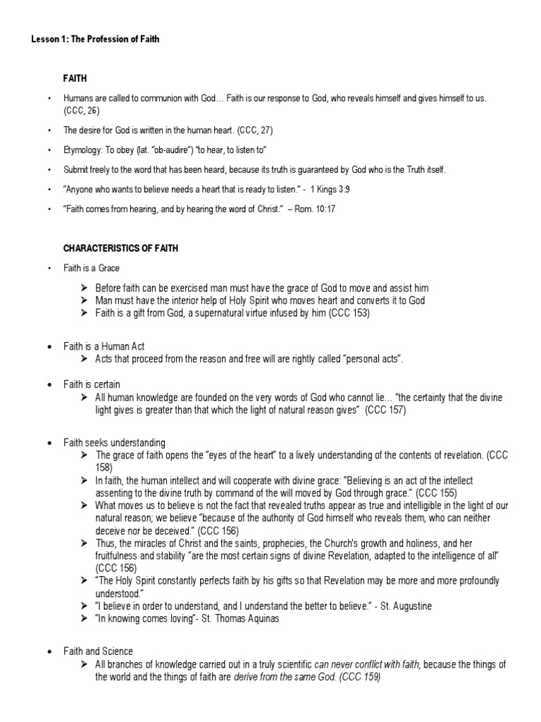 Handout Lesson 1 Profession of Faith | PDF | Monotheism | Faith