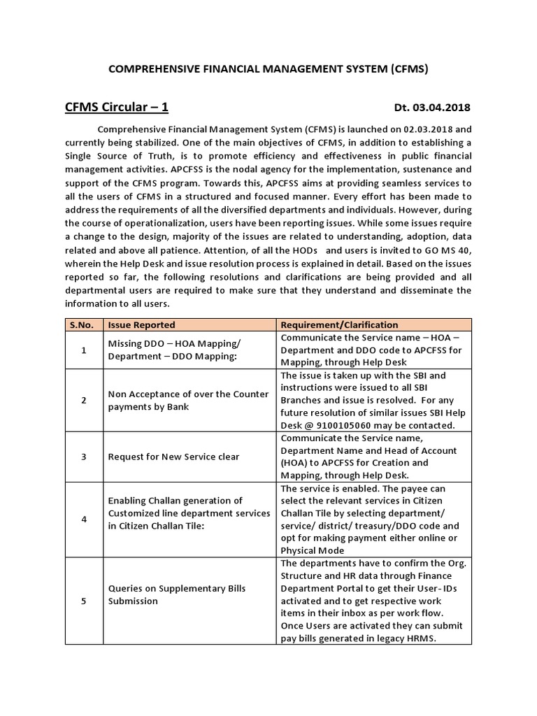 CFMS Circular - 1: Comprehensive Financial Management System (CFMS) | PDF | Information ...