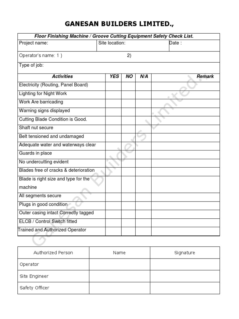Floor Cutting Equipment Safety Checklist | PDF | Technology & Engineering