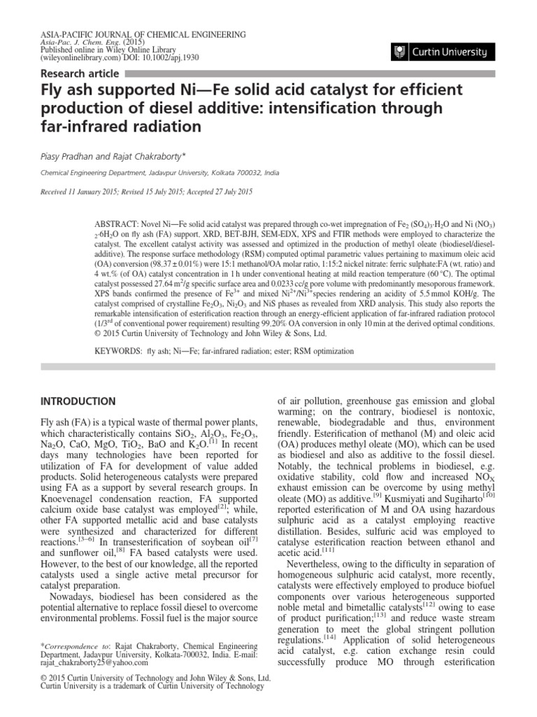 Fly Ash Supported Ni Fe Solid Acid Catalyst For Efficient Production of ...
