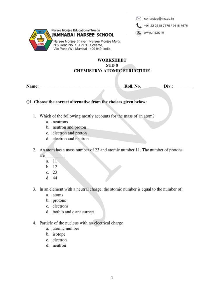Worksheet On Atomic Structure, STD 8th | PDF | Atoms | Proton