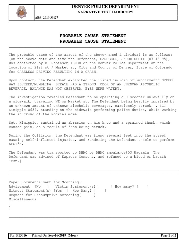 Jacob Campbell Probable Cause Statement | Driving Under The Influence ...