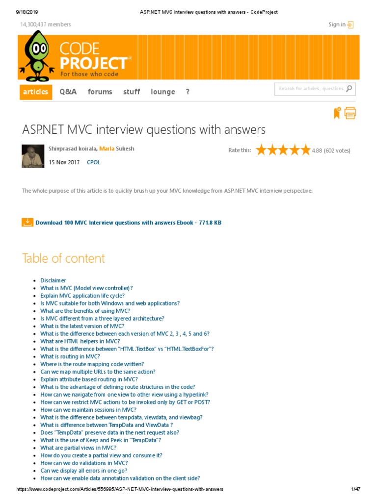MVC Interview Questions With Answers - CodeProject PDF | PDF | Model–View–Controller | Ajax ...