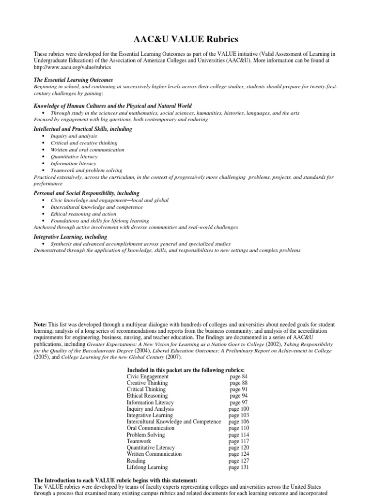 AAC&U VALUE Rubrics: The Essential Learning Outcomes | PDF | Civic ...