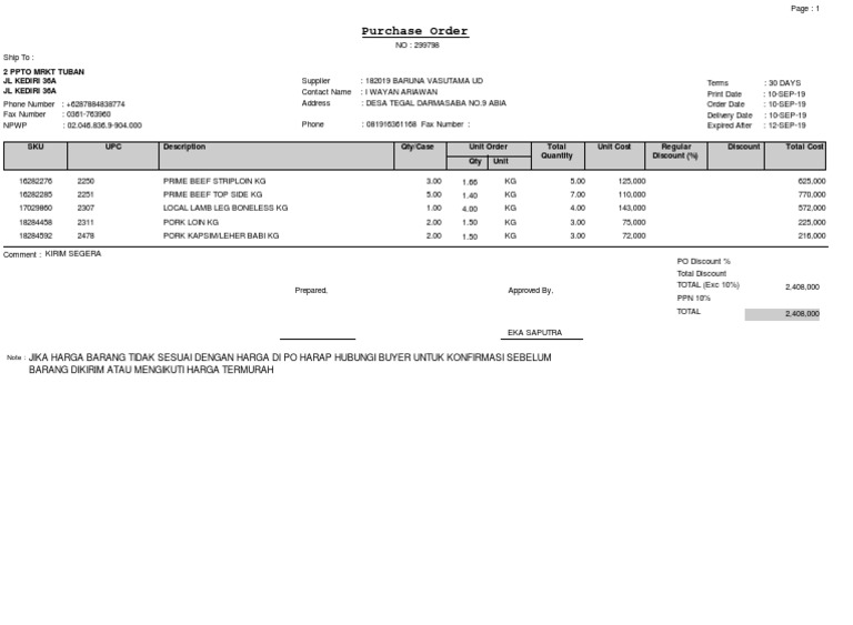 Po Baruna Vasutama Ud Pepito Tuban 10092019 | PDF | Meat | Business