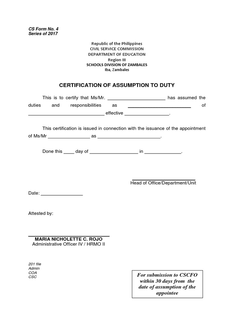 Certification of Assumption To Duty: CS Form No. 4 Series of 2017 | PDF