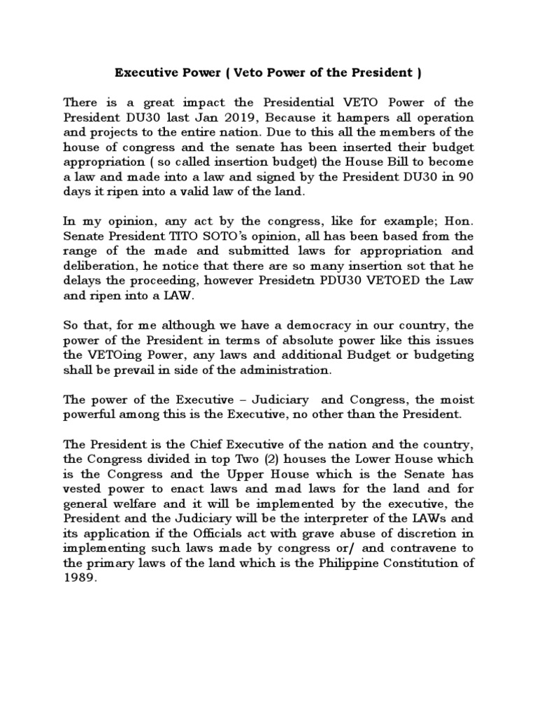 Executive Power (Veto Power of The President) | PDF