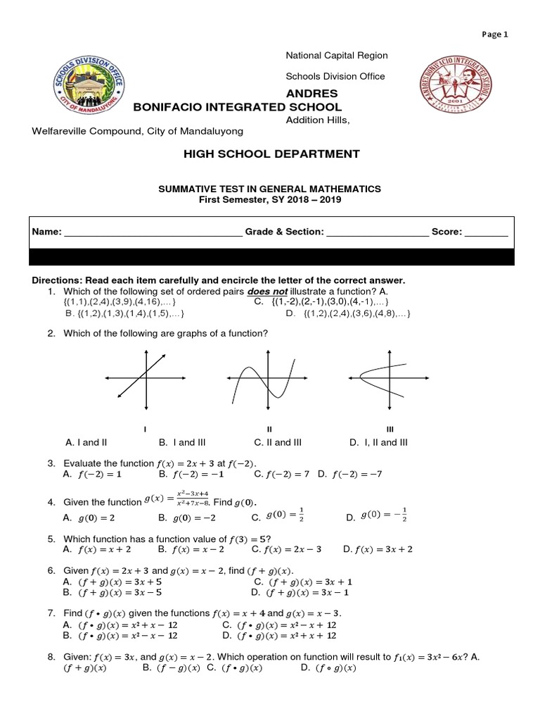Summative Test in Gen. Math-1 | PDF | Asymptote | Function (Mathematics)