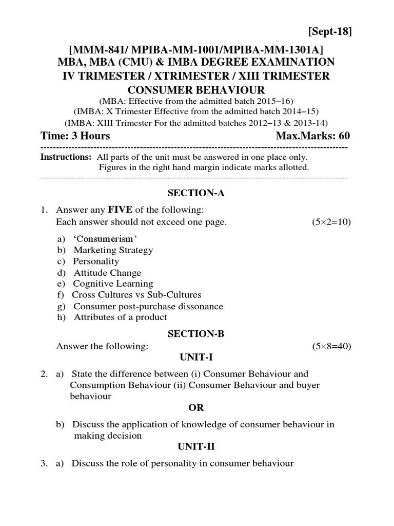 CB Question Paper | PDF | Consumer Behaviour | Consumerism