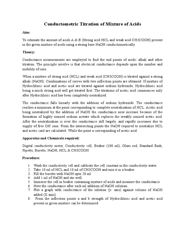 Conductometric Titration of Mixture of Acids | PDF | Titration | Chemistry