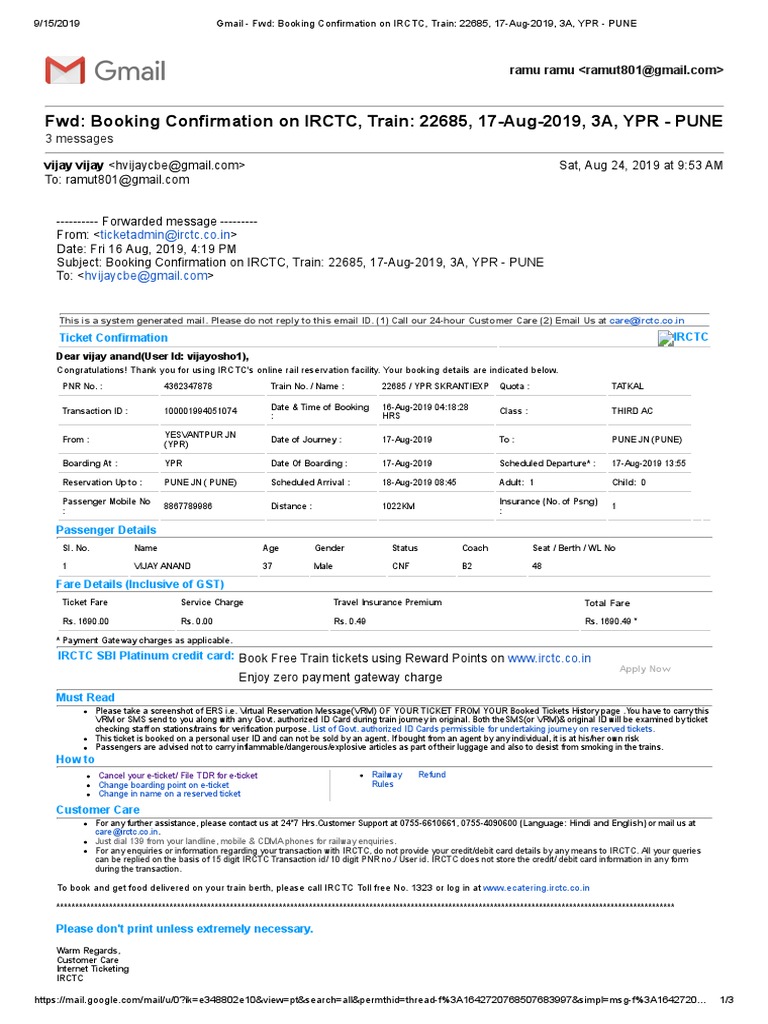 Gmail - FWD - Booking Confirmation On IRCTC, Train - 22685, 17-Aug-2019 ...