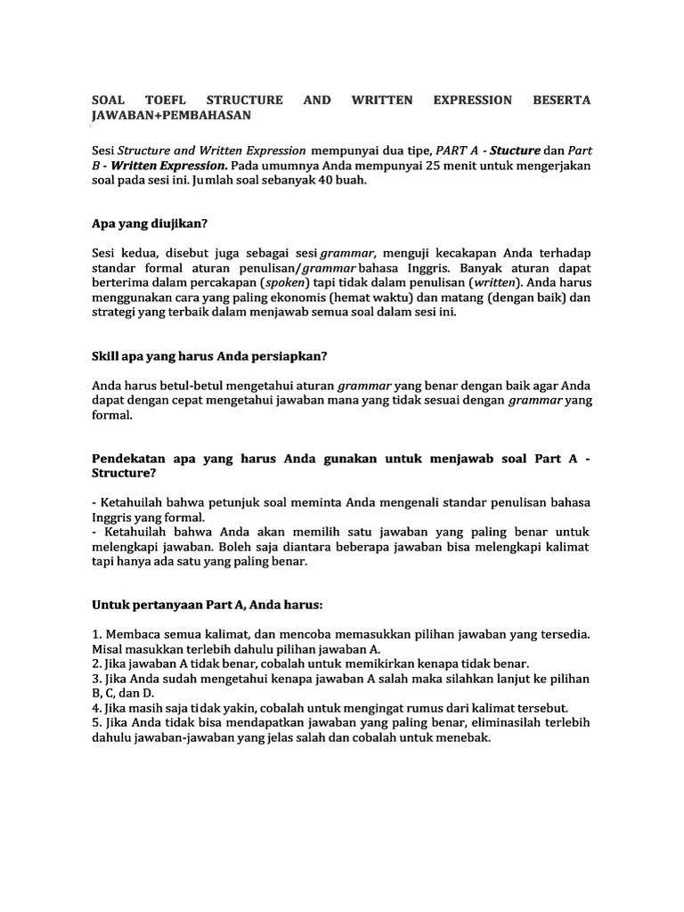 Soal TOEFL Structure and Written Expression Beserta Jawaban | PDF