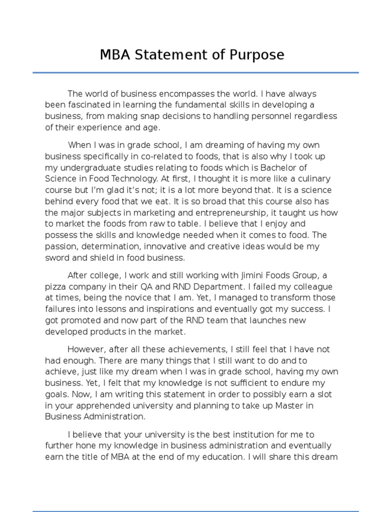 MBA Statement of Purpose: Food Business Aspirations | PDF