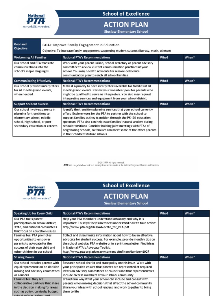 PTA School of Excellence Action Plan | PDF | Schools | Learning