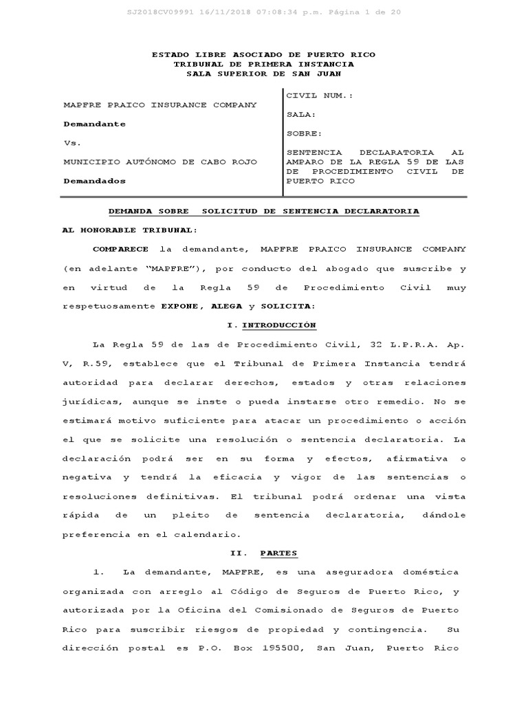 Demanda Mapfre Praico Vs Mun Cabo Rojo (Caso Núm. Sj2018cv09991) | PDF ...