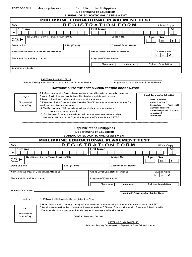 PEPT Form 1 | PDF | Birth Certificate | Test (Assessment)