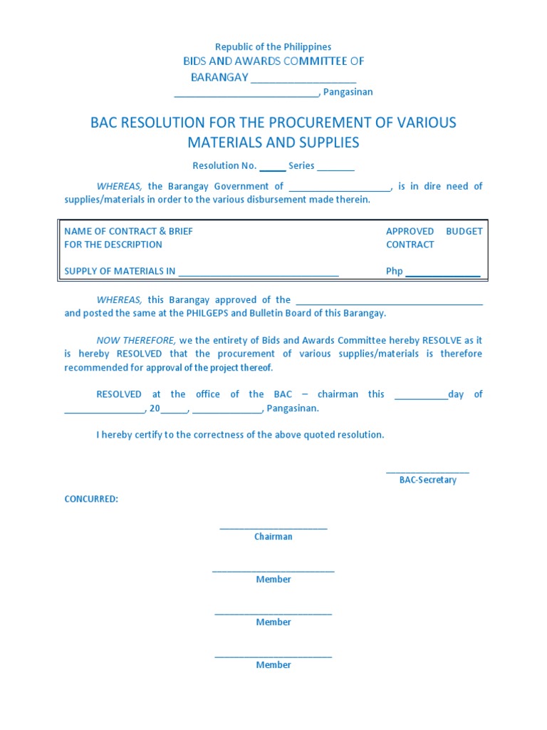 Bac Resolution For The Procurement of Various Materials and Supplies | PDF