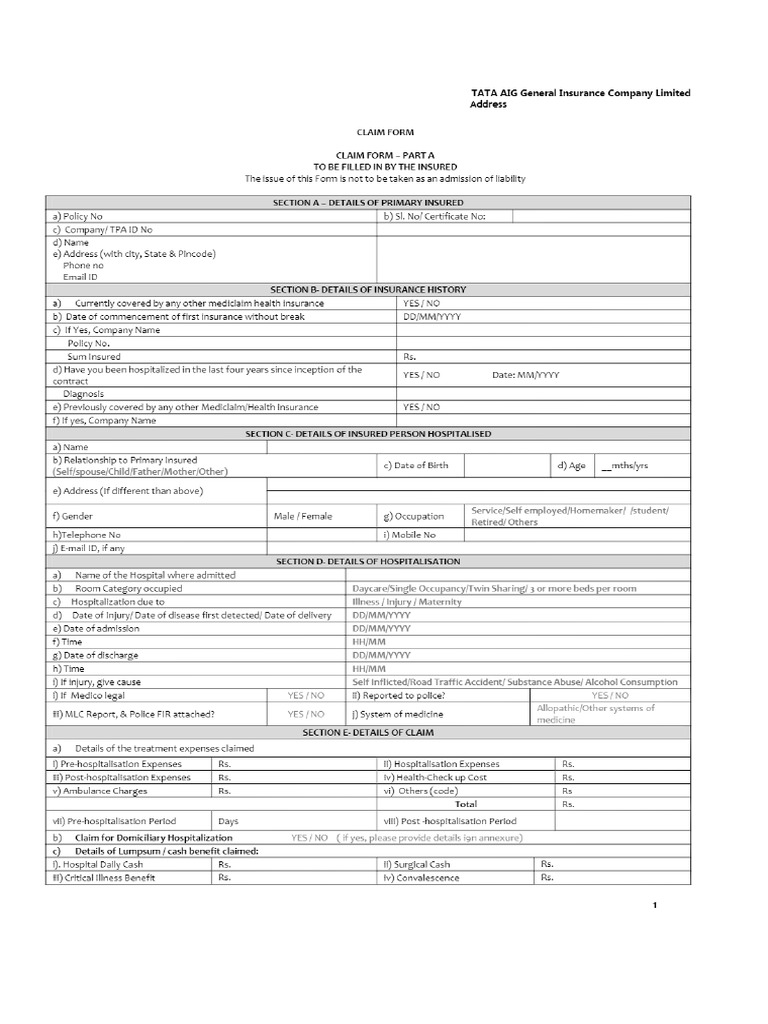 TATA AIG Claim Form | PDF