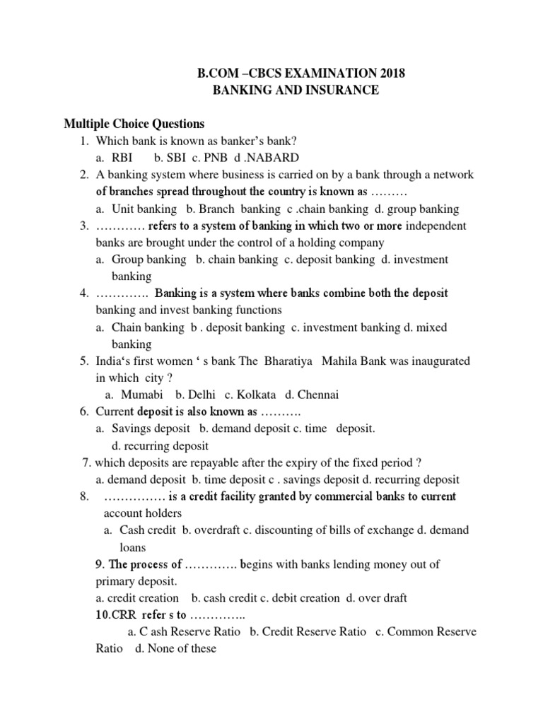 MCQ Banking and Insurance | PDF | Banks | Insurance