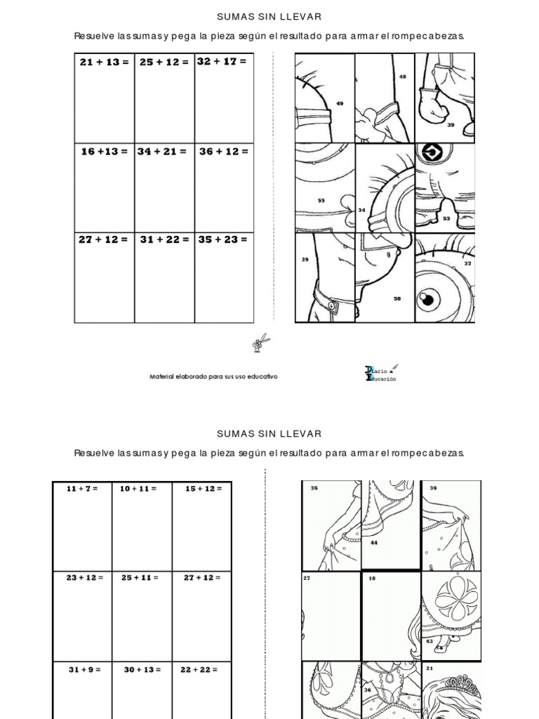 Sumas sin Llevar: Rompecabezas Educativo | PDF