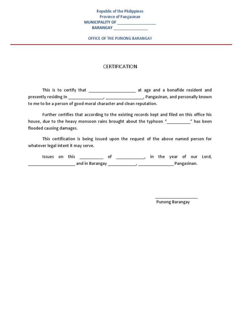 Barangay Certification for Typhoon Damage | PDF | Finance & Money ...