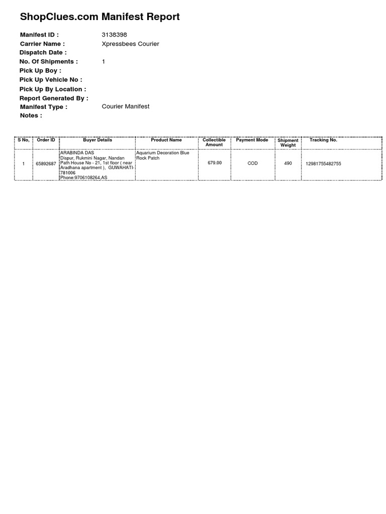 Courier Manifest for ShopClues.com | PDF
