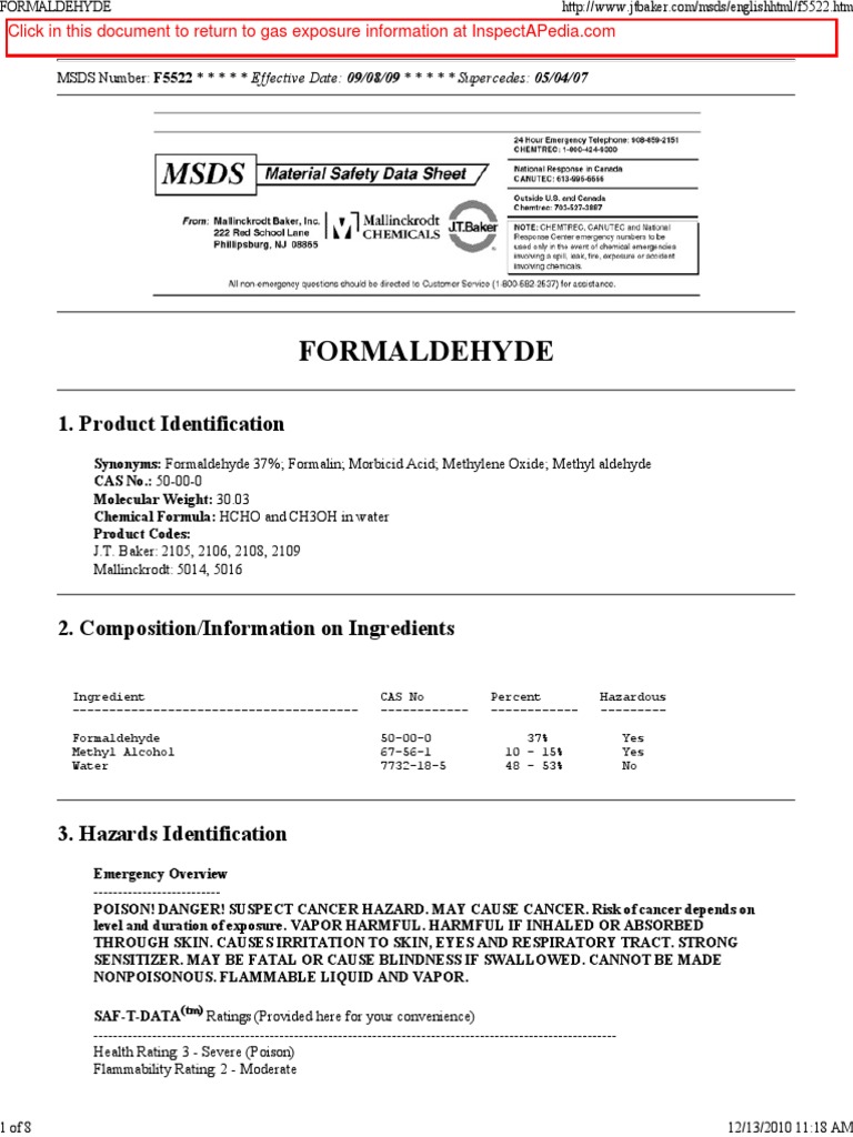 Formaldehyde MSDS: Hazards & Safety | PDF | Formaldehyde | Breathing