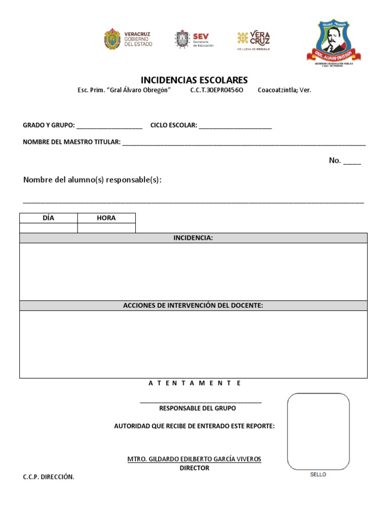 Formato Incidencias Escolares Pdf