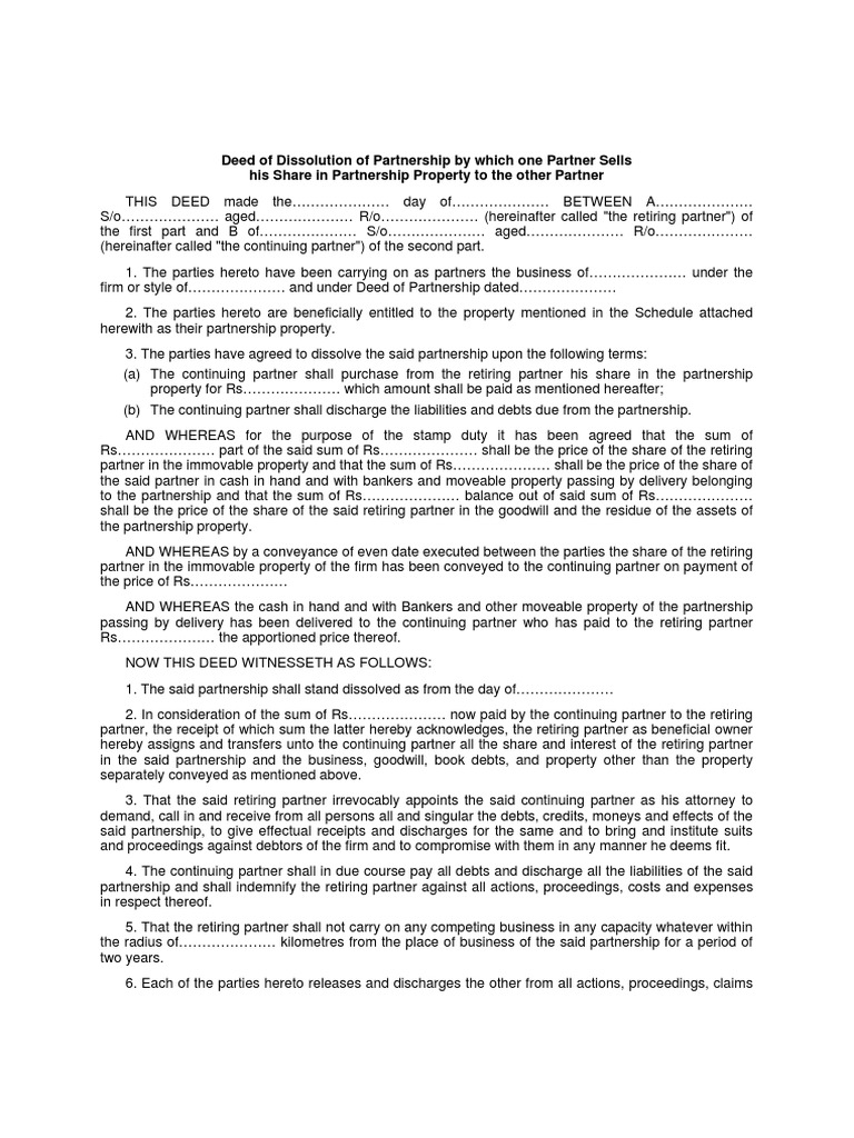 Deed of Dissolution of Partnership by Which One Partner Sells PDF | PDF ...