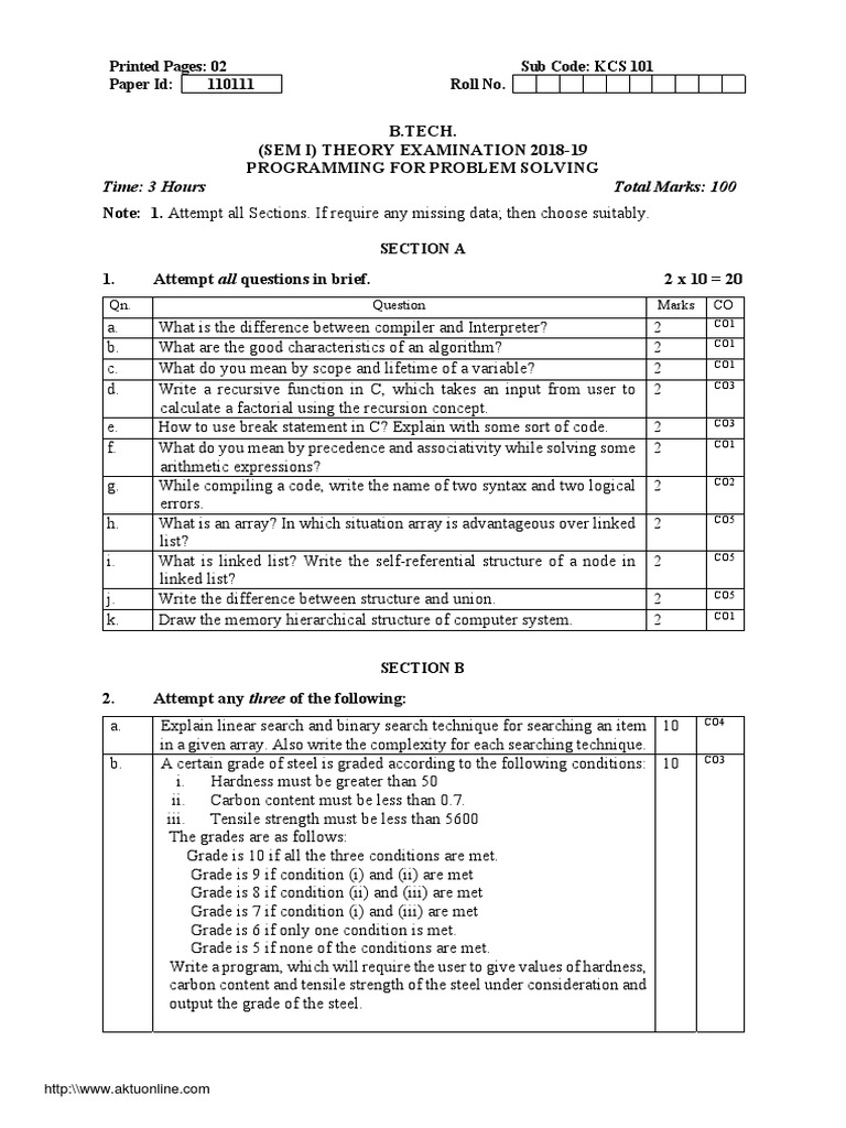 Btech 1 Sem Programming For Problem Solving Kcs 101 2018 19 PDF | PDF ...