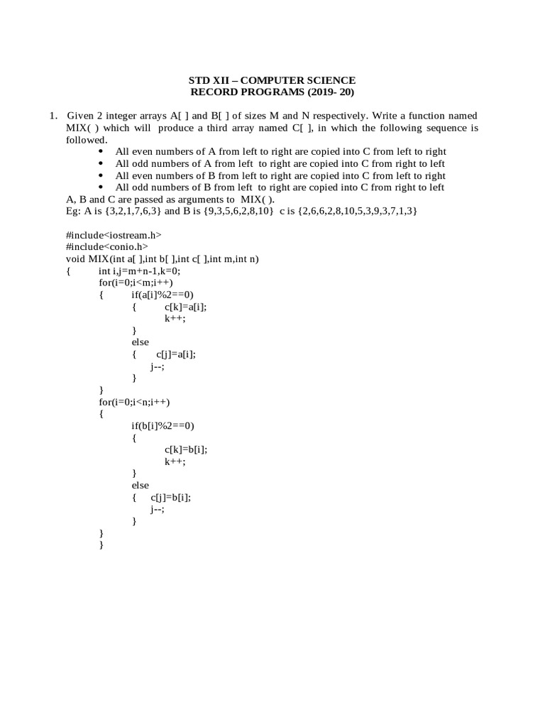STD Xii - Computer Science RECORD PROGRAMS (2019-20) | PDF | Integer ...