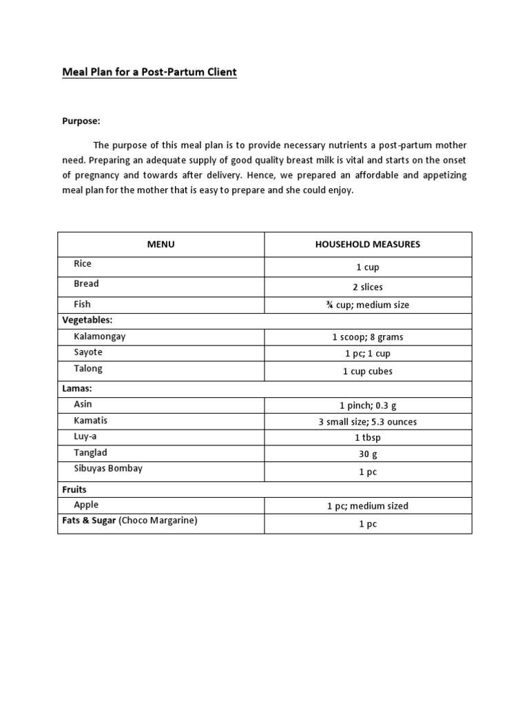 Meal Plan For A Post-Partum Client: Purpose | PDF | Nutrition | Diet ...