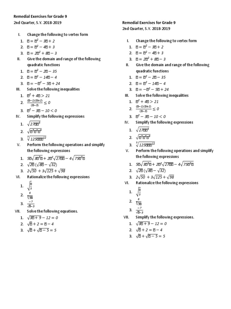 Grade 9 Remedial Math Exercises | PDF | Analysis | Mathematical Objects