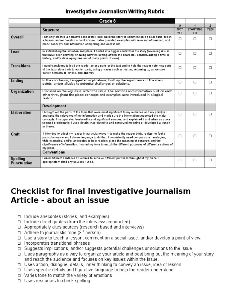 Investigative Journalism Rubric - Checklist | PDF | Narration | Journalism