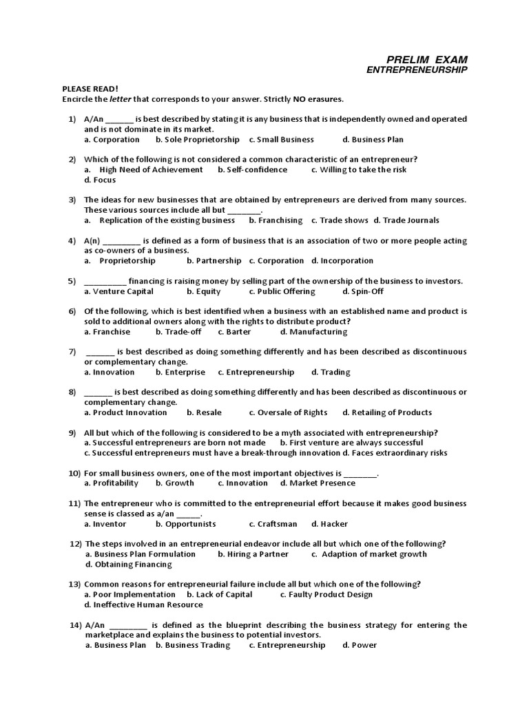 Prelim Exam | PDF | Entrepreneurship | Partnership