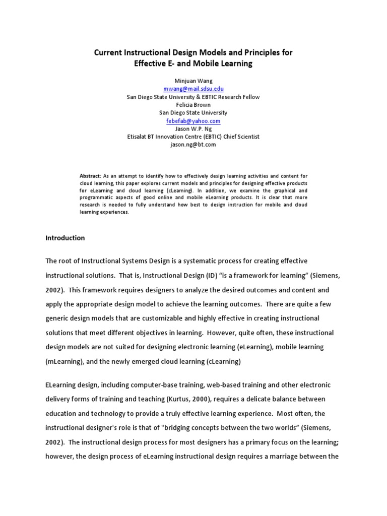 Current Instructional Design Models and Principles For Effective E-And ...