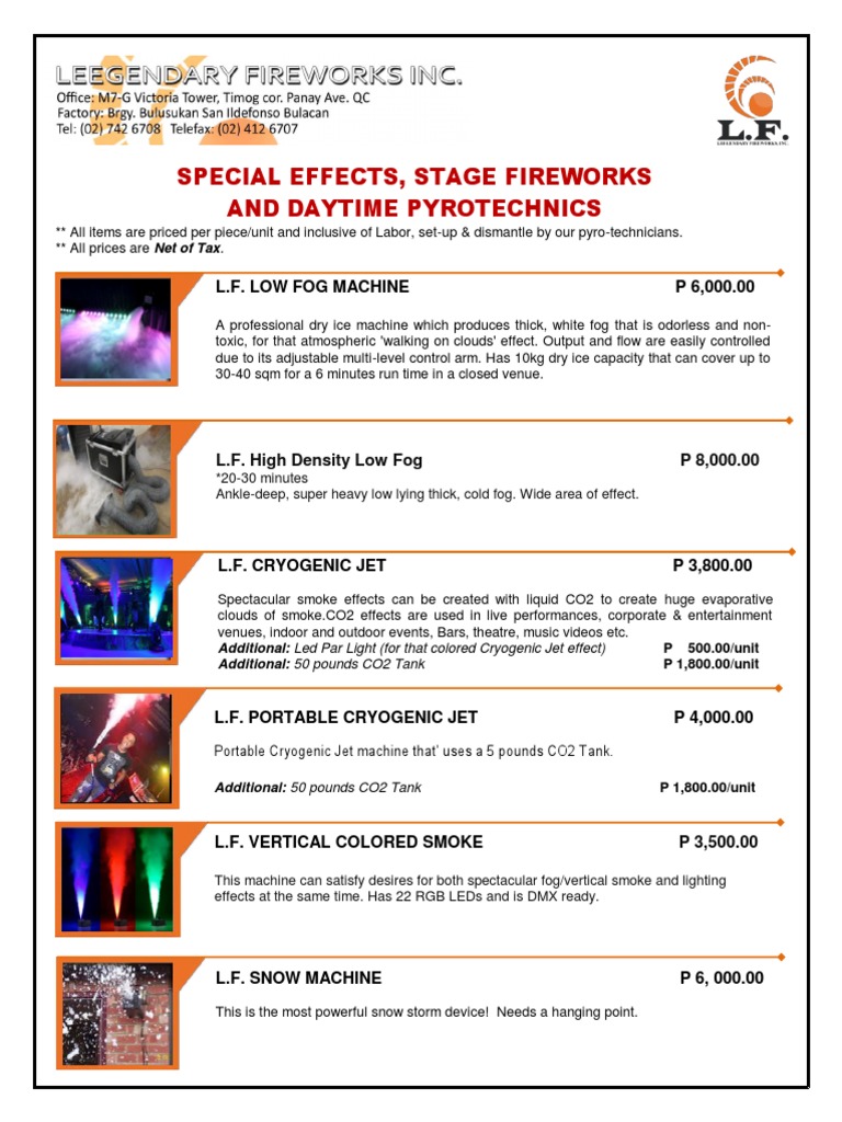 L.F. Special Effects Price List Updated 2019 | PDF | Fireworks | Fog