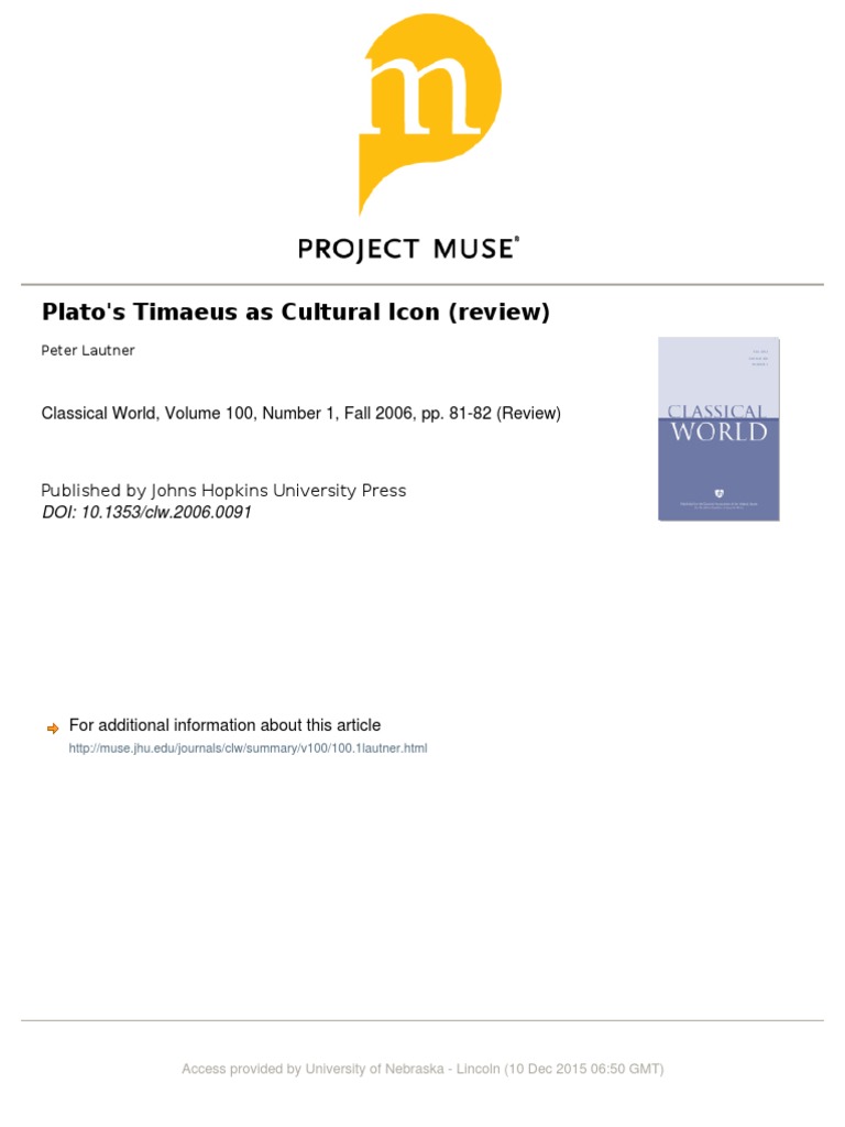 Timeus As Cultural Icon | Download Free PDF | Neoplatonism | Platonism