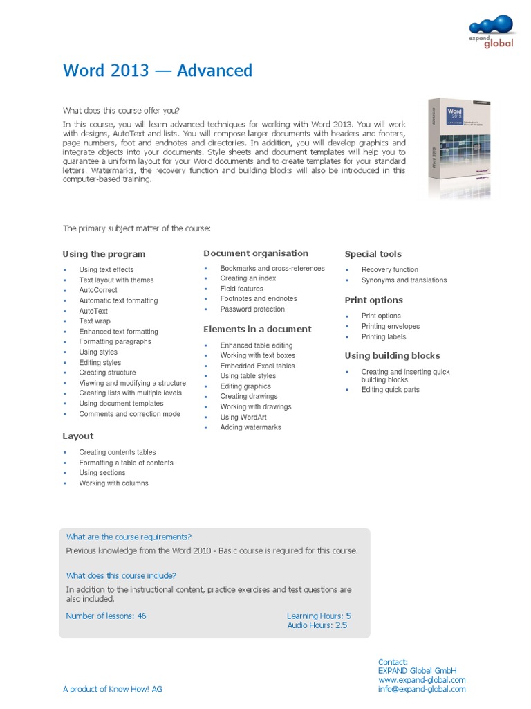 Advanced Word 2013 Course Overview | PDF | Page Layout | Communication