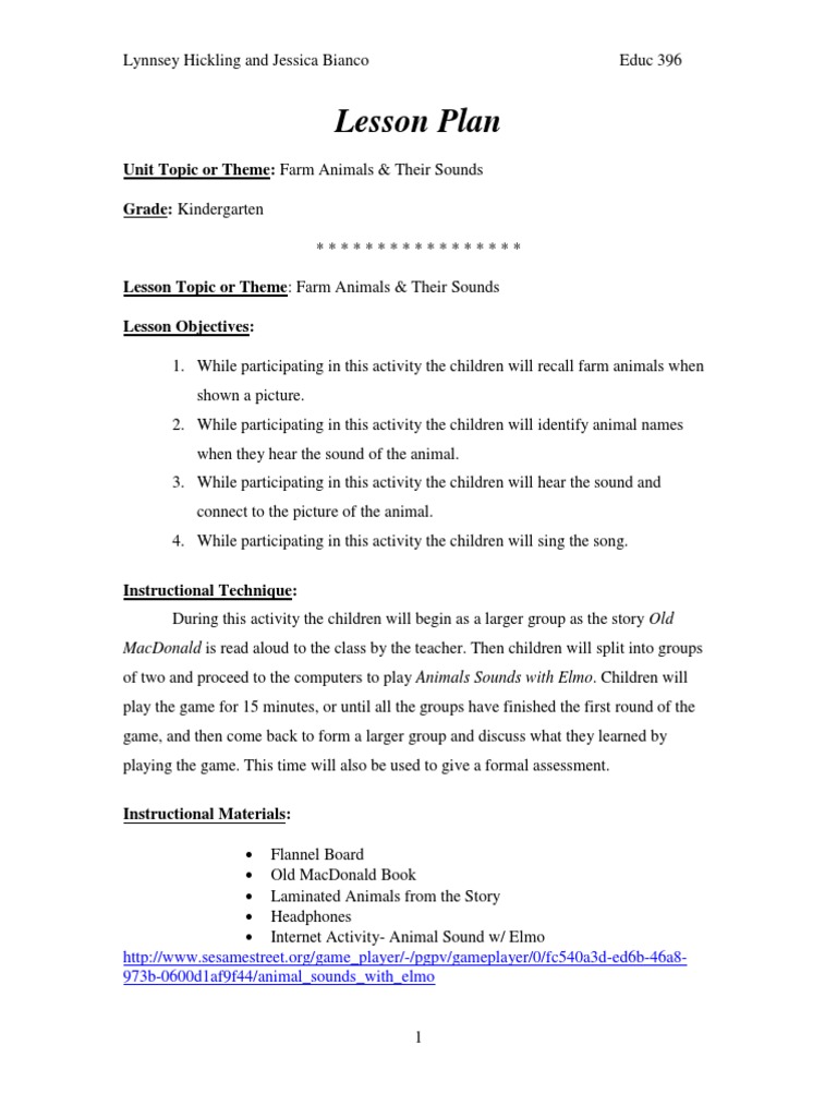 Lesson Plan Educ 396 Farm Life Finshed | PDF | Learning | Cognition