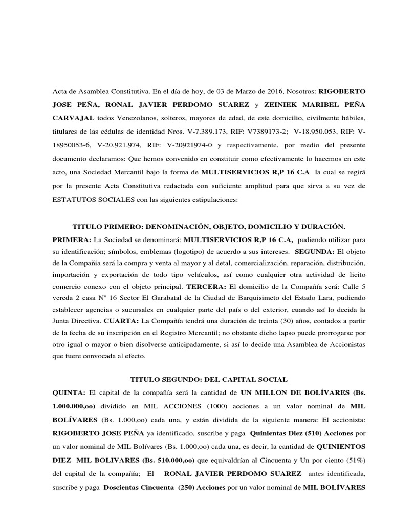 Acta Constitutiva | PDF | Bancos | Compartir (Finanzas)