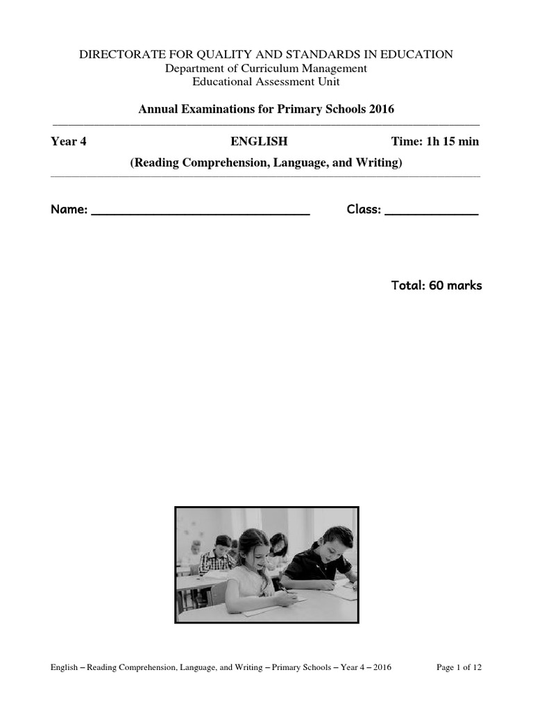 English Y4 2016 | PDF | English Language | Reading Comprehension