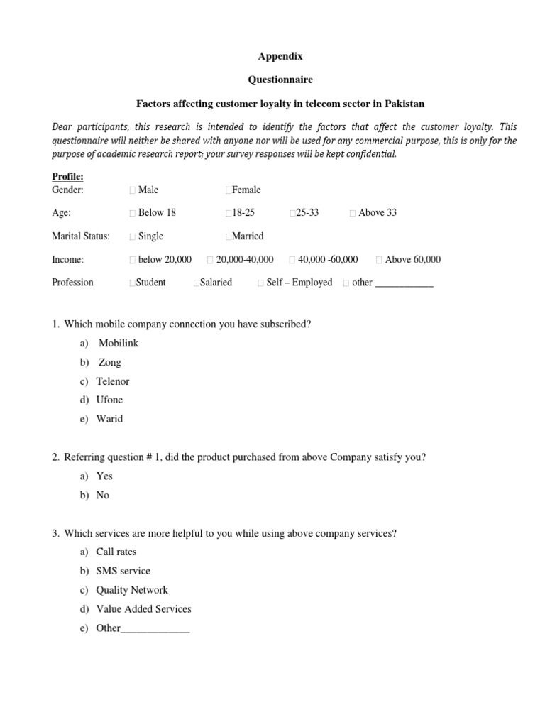 Appendix Questionnaire Factors Affecting Customer Loyalty in Telecom ...