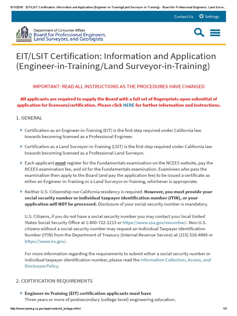 EIT/LSIT Certification: Information and Application (Engineer-in ...