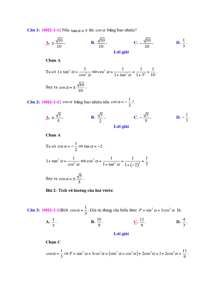 Bai Tap Trac Nghiem Tich Vo Huong Cua Hai Vecto Va Ung Dung Co Loi Giai Chi Tiet PDF | PDF