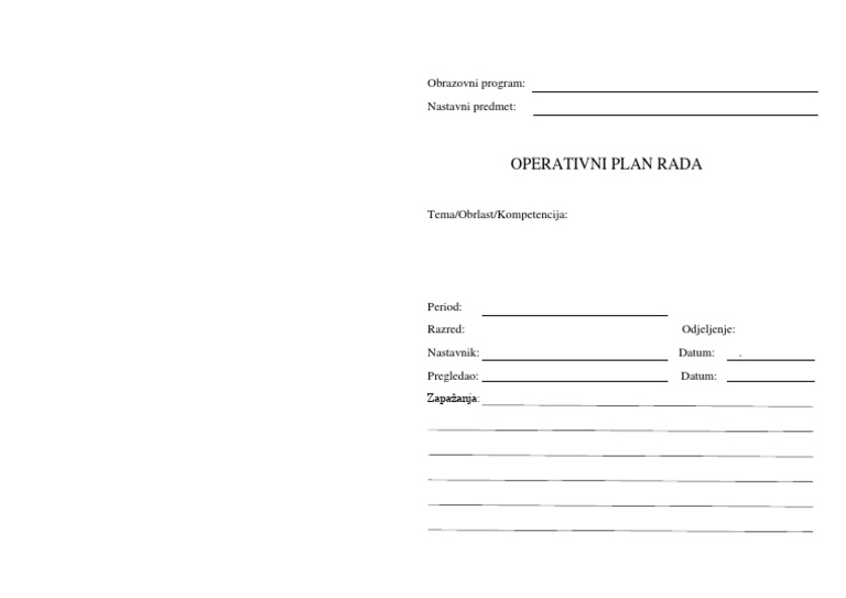Obrazac Za Operativni Plan Rada | PDF